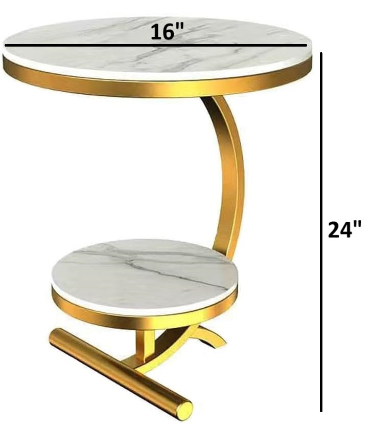 2-Tier Curved Side Table White Marble & Gold - Modern Accent Table ...